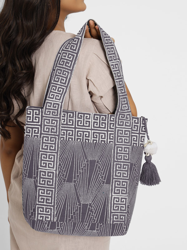 Art Deco tote bag, Grey, White | Saffron Marigold