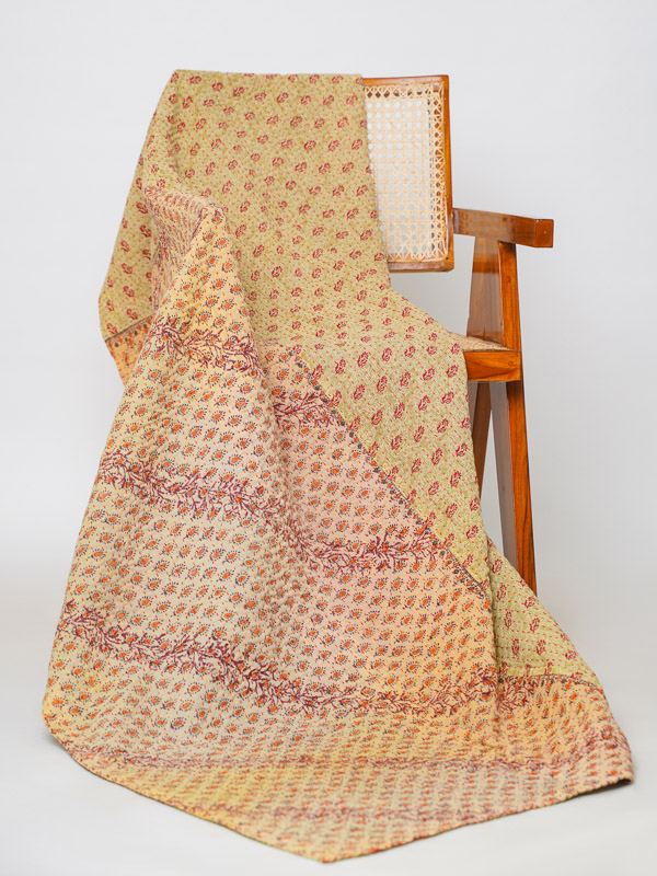 Kantha quilt, Indian sari, Pale corn yellow | Saffron Marigold