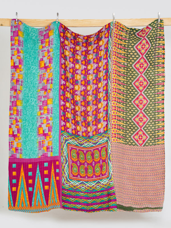 Kantha quilt, Indian sari, Golden yellow and black | Saffron Marigold