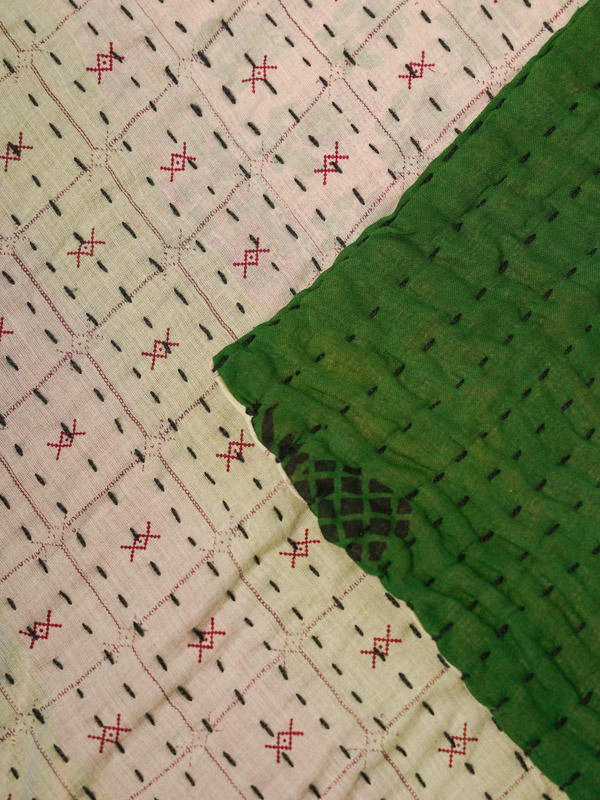 Kantha quilt, Indian sari, Cream and pink | Saffron Marigold