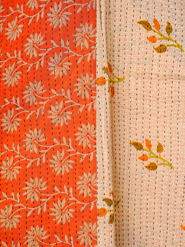 Kantha quilt, Indian sari, Cream and pink | Saffron Marigold