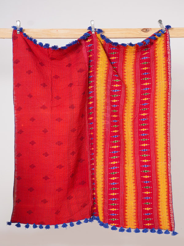 Kantha quilt, Indian sari, Chartreuse and cream | Saffron Marigold