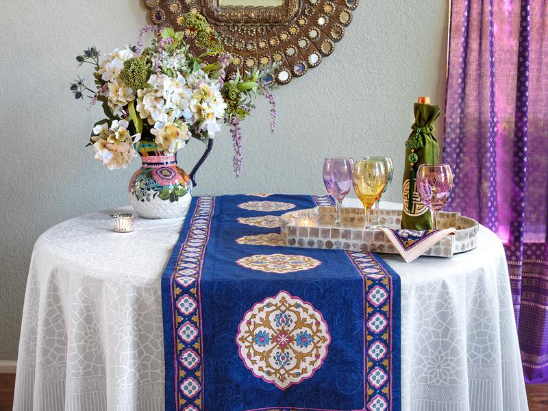 Blue Table Runner, Moroccan, Medallion | Saffron Marigold