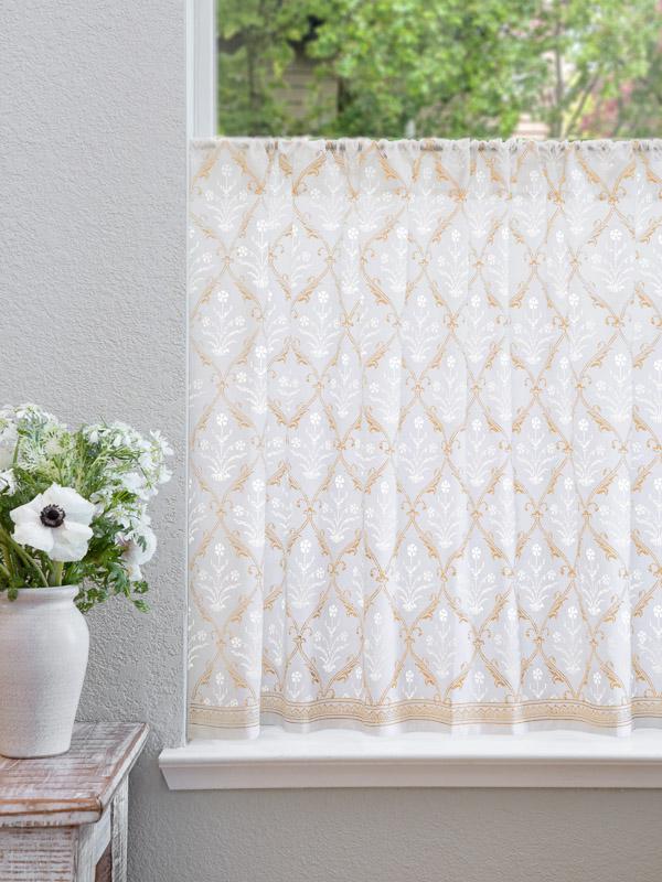 Floral white gold kitchen curtain | Saffron Marigold